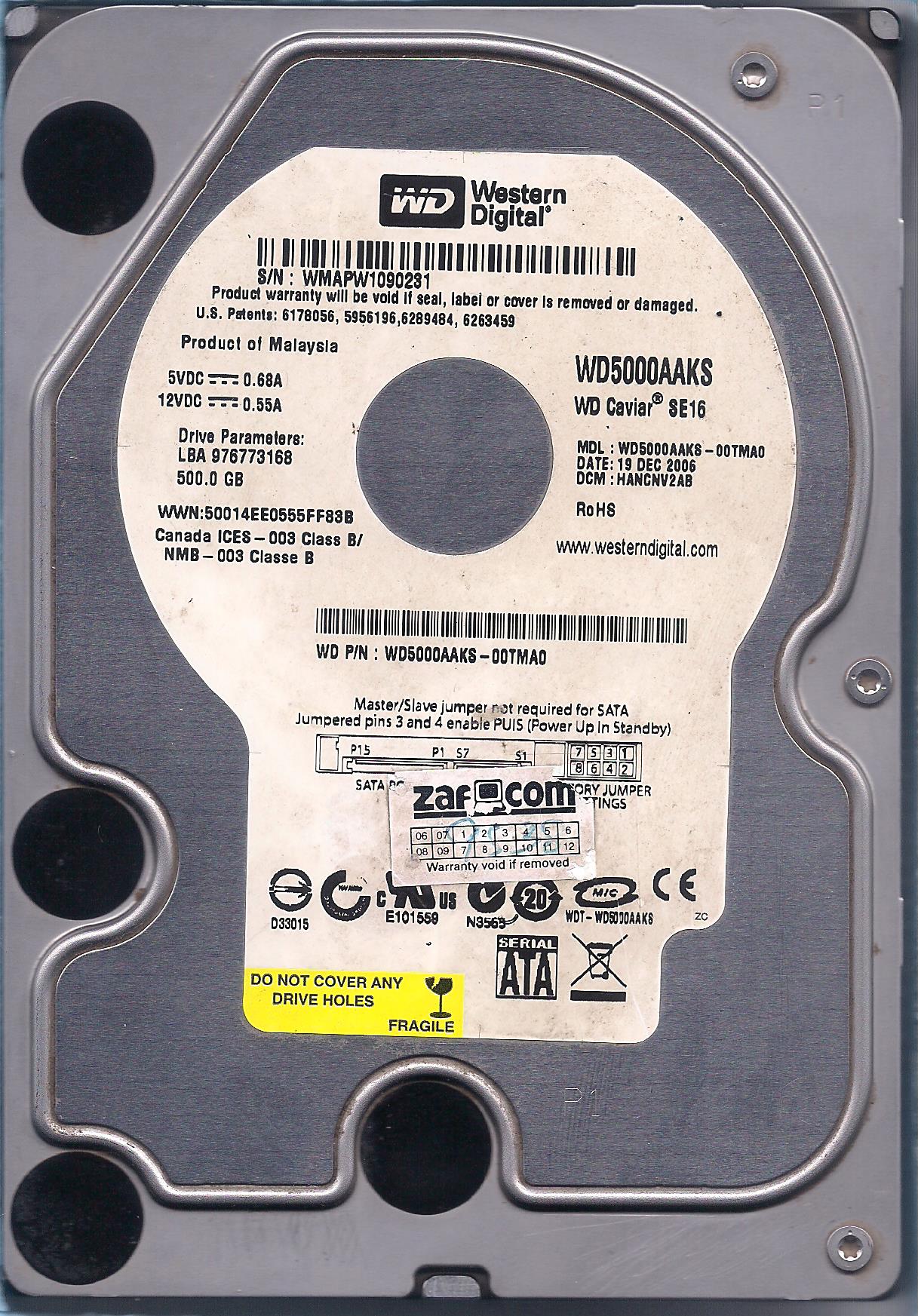 Western Digital WD5000AAKS-00TMA0 500GB HANCNV2AB Donor Hard Drive ...